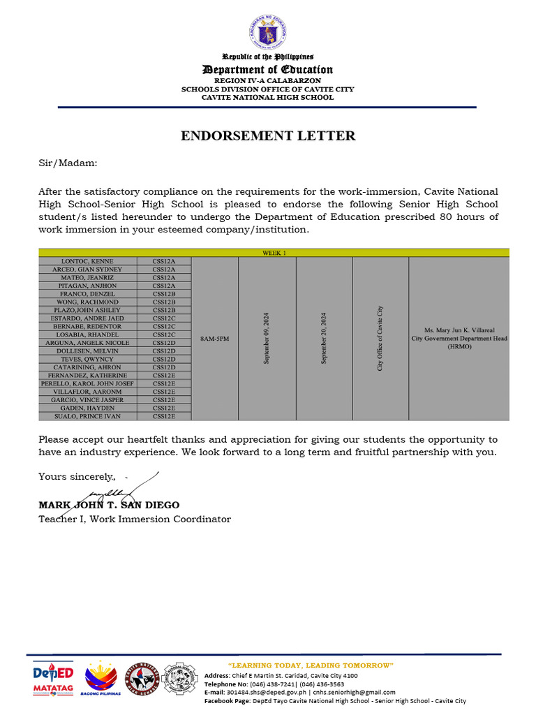 Cavite National High School Endorsement Letter | PDF
