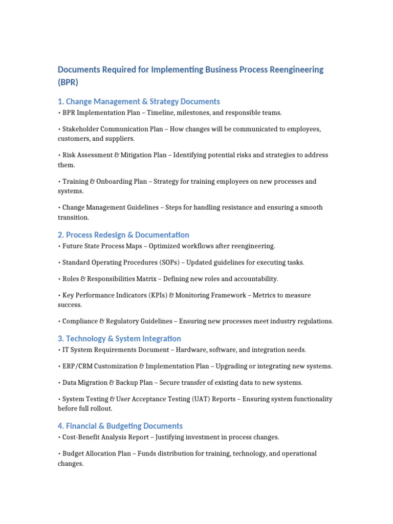 Essential Documents for BPR Implementation | PDF