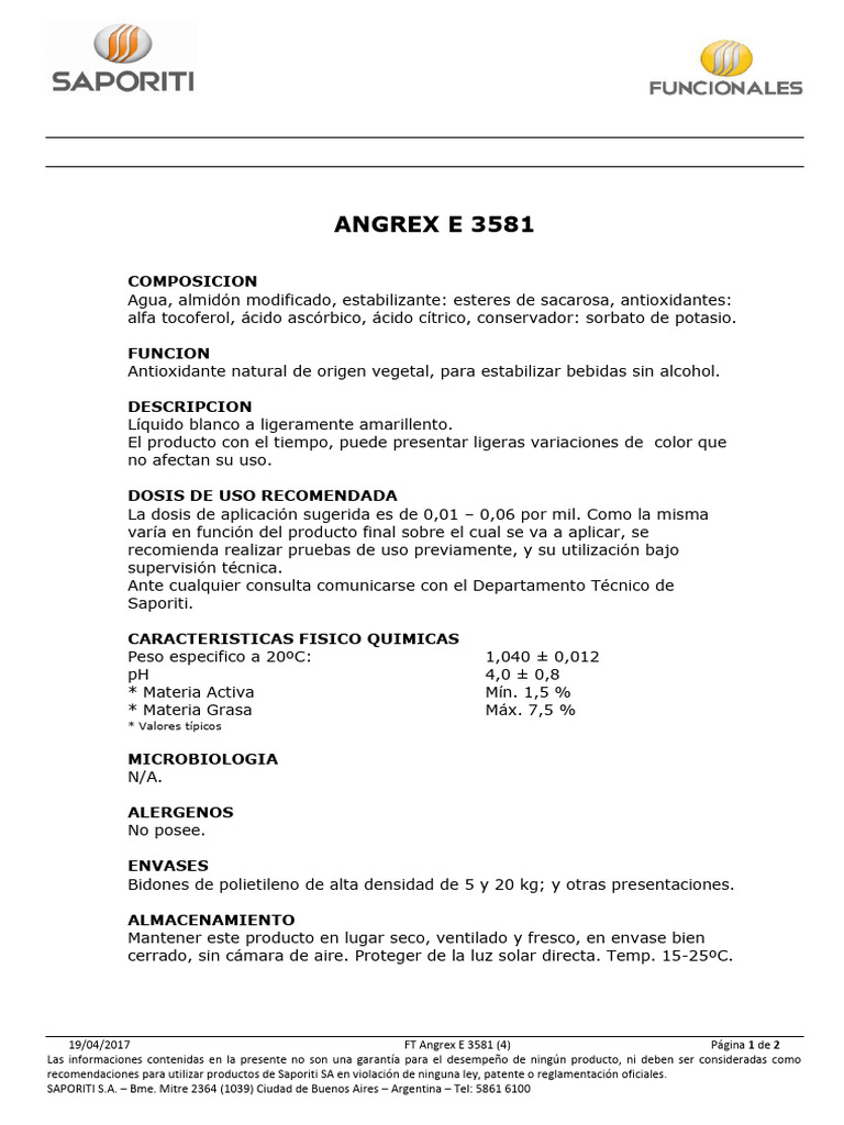 Antioxidante Angrex E 3581 para bebidas | PDF | Sustancias químicas