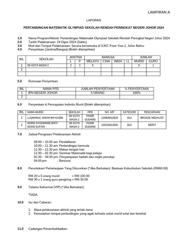 Tapak Laporan Program 2024 - 2025 Olympiad Matematik | PDF