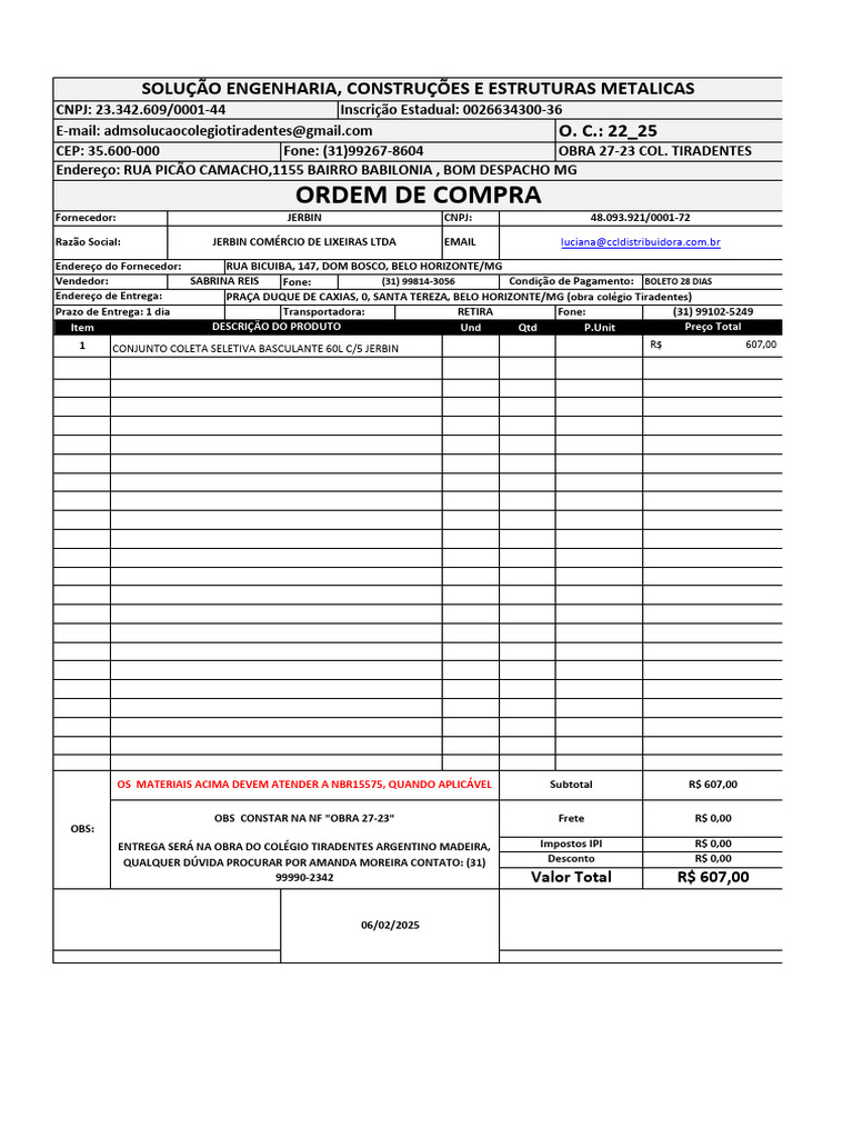 Ordem de Compra 22 - 25 - Jerbin Comércio de Lixeiras - Obra 27 - 23 | PDF