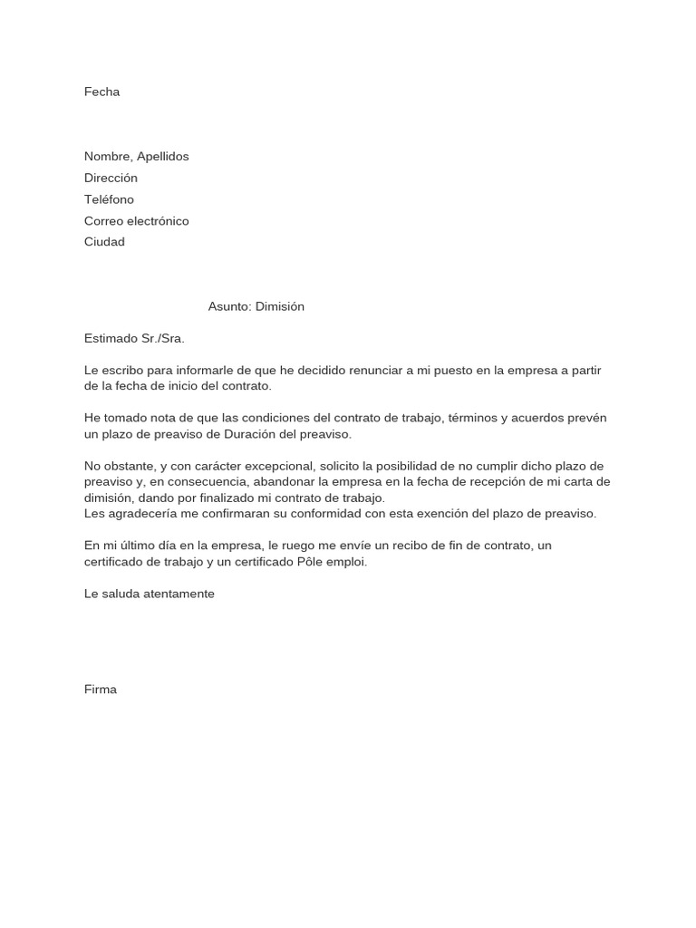 Carta de Dimisión con Solicitud de Exención | PDF