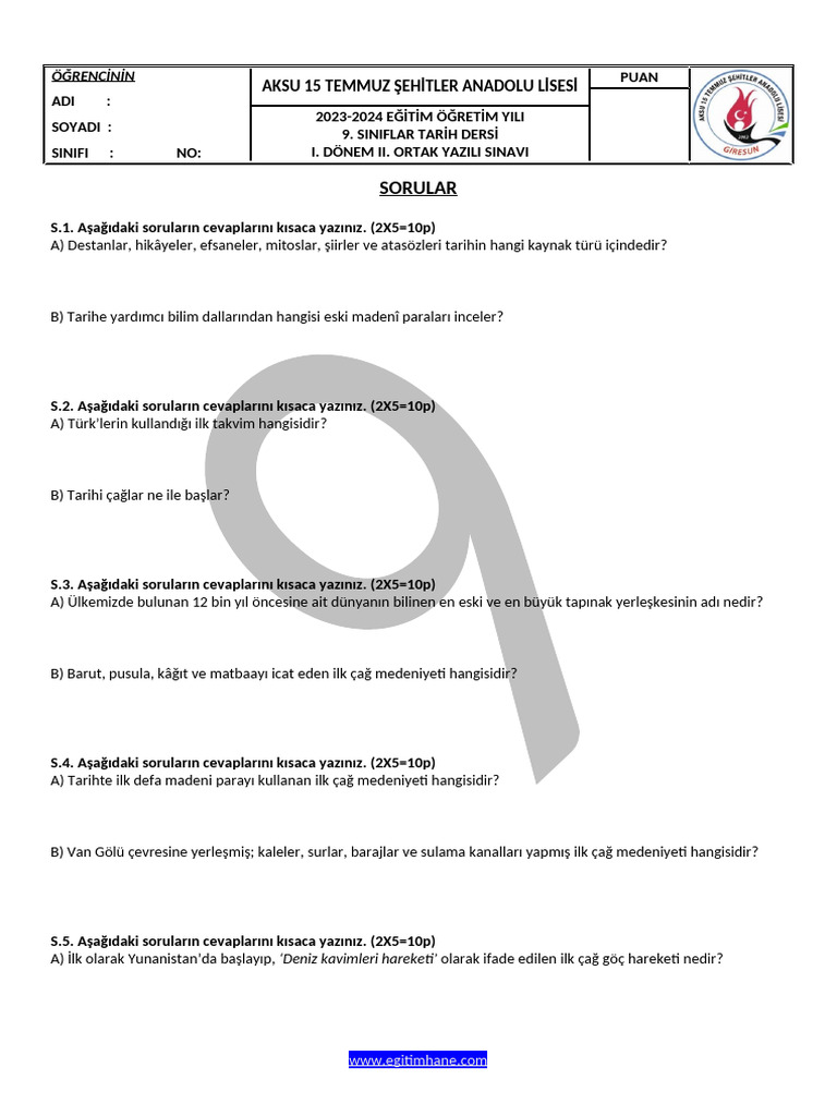 9.sinif 1.dönem 2.yazili 2 | PDF