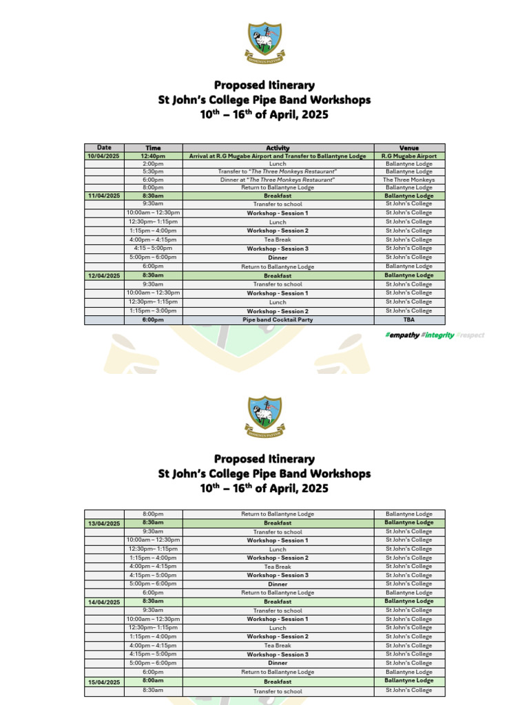 St John’s College Pipe Band Itinerary | PDF | Eating Behaviors Of ...