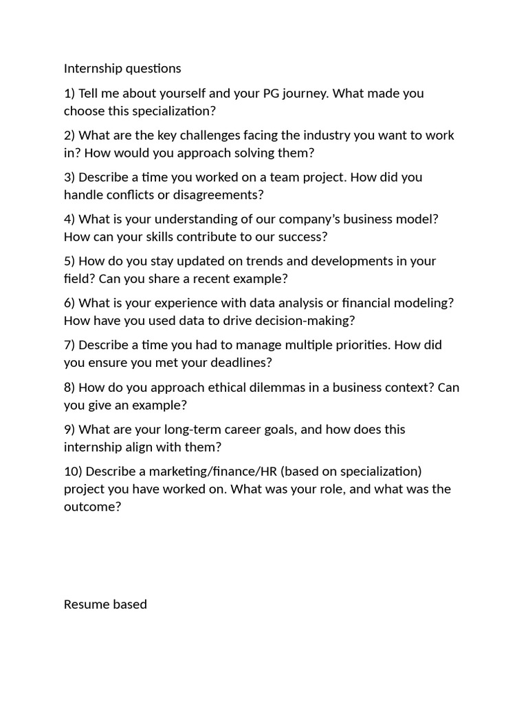 Internship & Interview Questions | PDF | Leadership | Behavioural Sciences