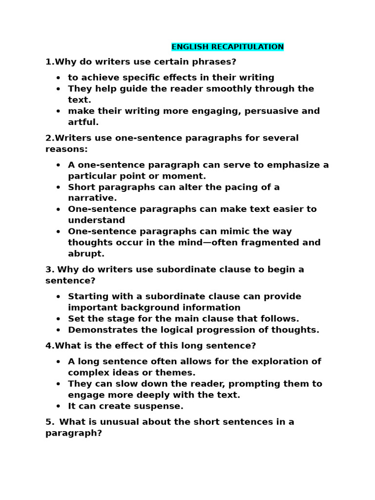 ENGLISH Recapitulation 24-25 | PDF | Ellipsis | Sentence (Linguistics)