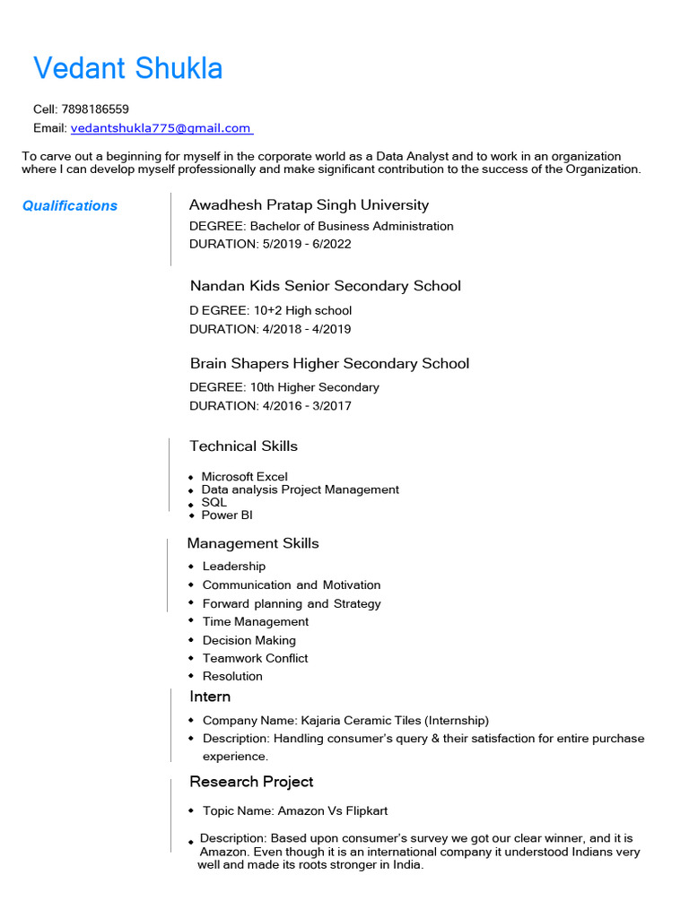 Vedant Shukla Resume.7-1 | PDF | Business