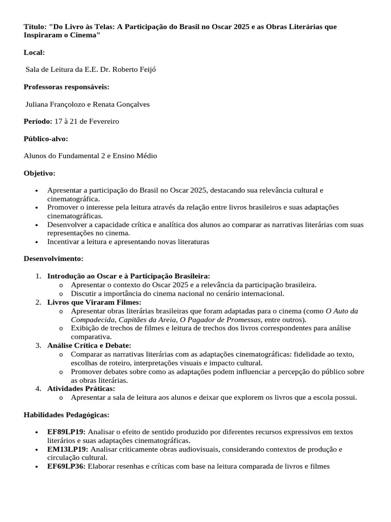 Projeto Oscar, Sala de Leitura Cinema | PDF