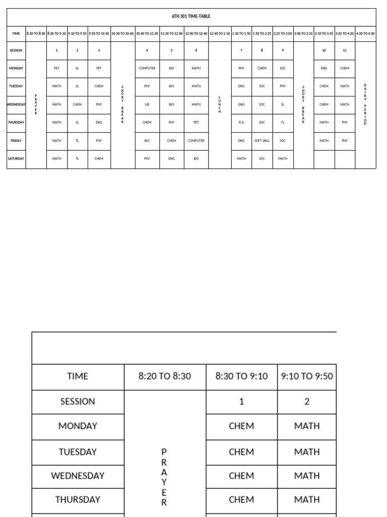 6th to 10th Grade Time Tables | PDF