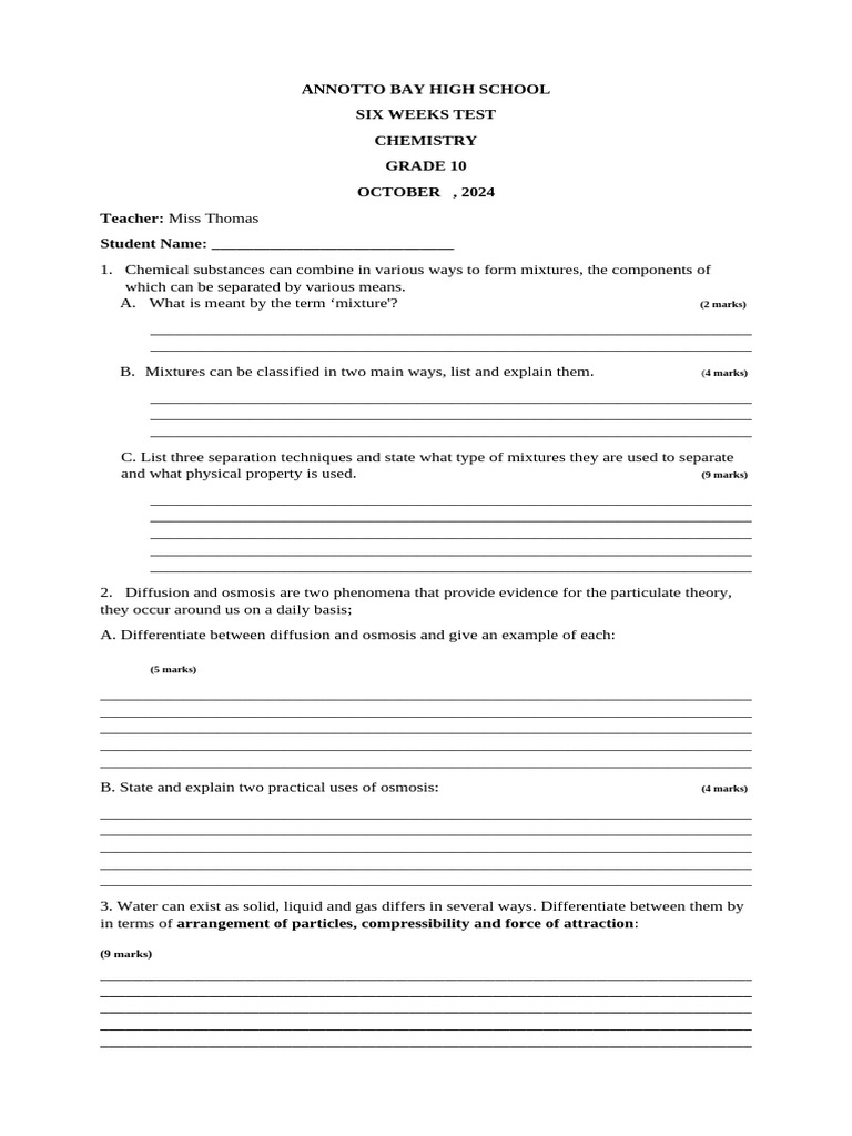 Grade 10 Chemistry Six Weeks Test | PDF | Solubility | Phase (Matter)