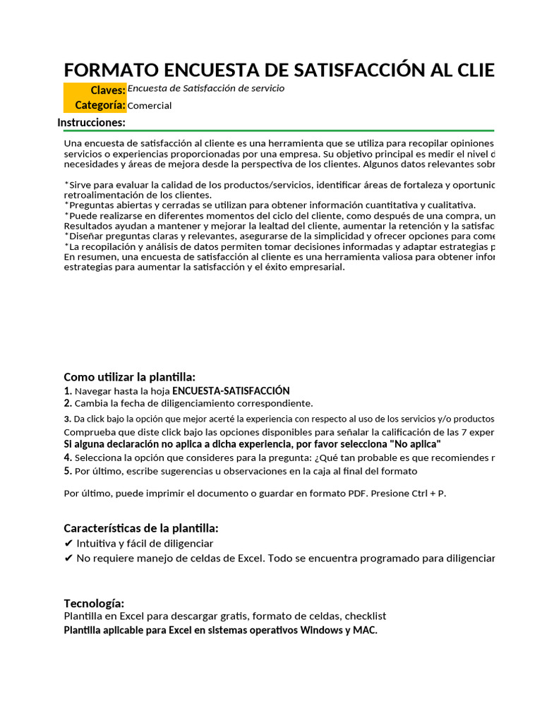 Plantilla Encuesta Satisfacción Cliente | PDF | Metodología de encuesta ...