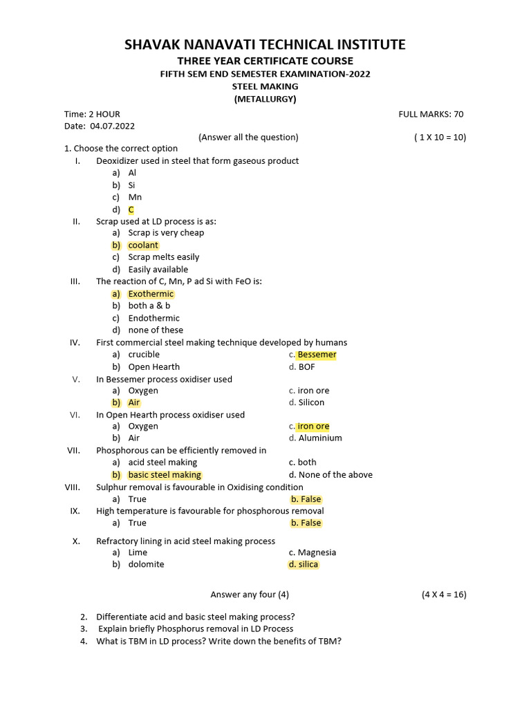 LD Steel Making Process Exam Guide | PDF | Steelmaking | Steel