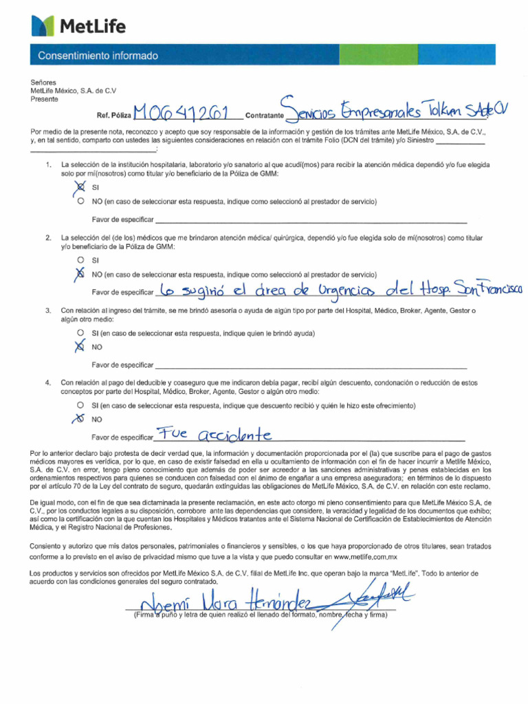 Consentimiento Informado MetLife | PDF