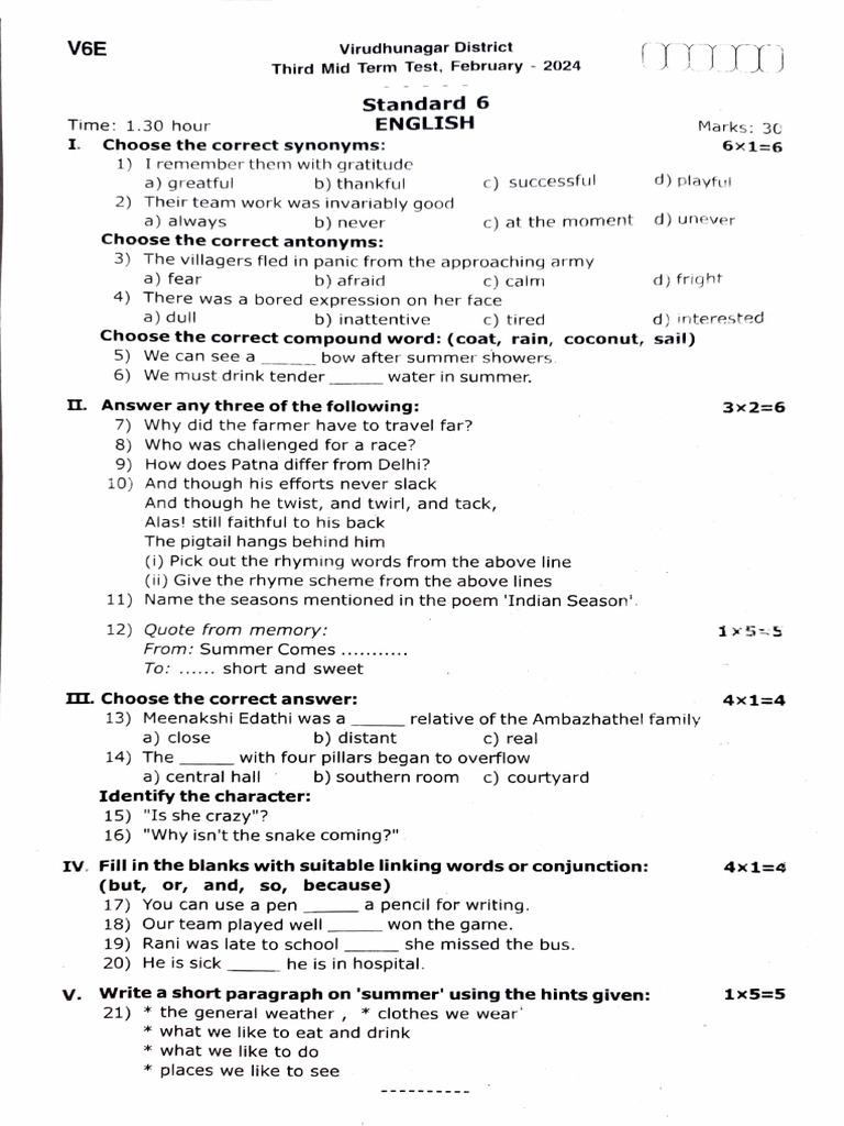 6th English 3rd Mid Term Test 2024 Question Paper English Medium PDF ...