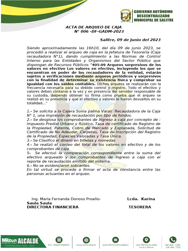 Acta de Arqueo de Caja GADM Salitre | PDF | Dinero | Pagos