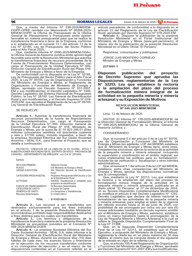 Proyecto Disposiciones Reglamentarias de La Ley 32213 | PDF | Perú | Regulación