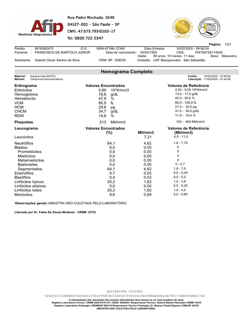 Resultado Exames Afip 10 02 2025 | PDF | Diabetes | Hemoglobina glicada
