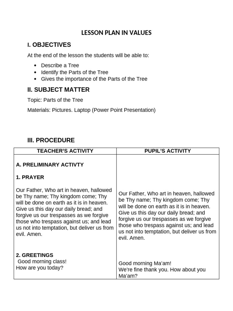 LESSON PLAN IN VALUES | PDF | Leaf | Lord's Prayer