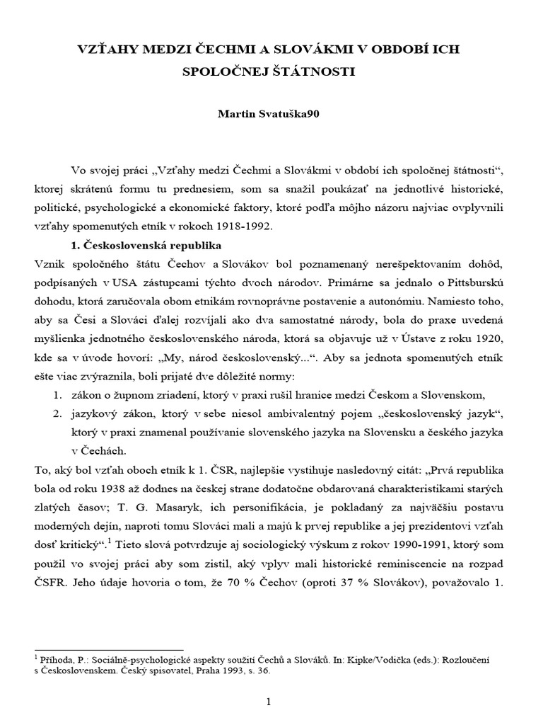 Vzťahy Medzi Čechmni A Slovákmi V Období Spoločnej Štátnosti | PDF
