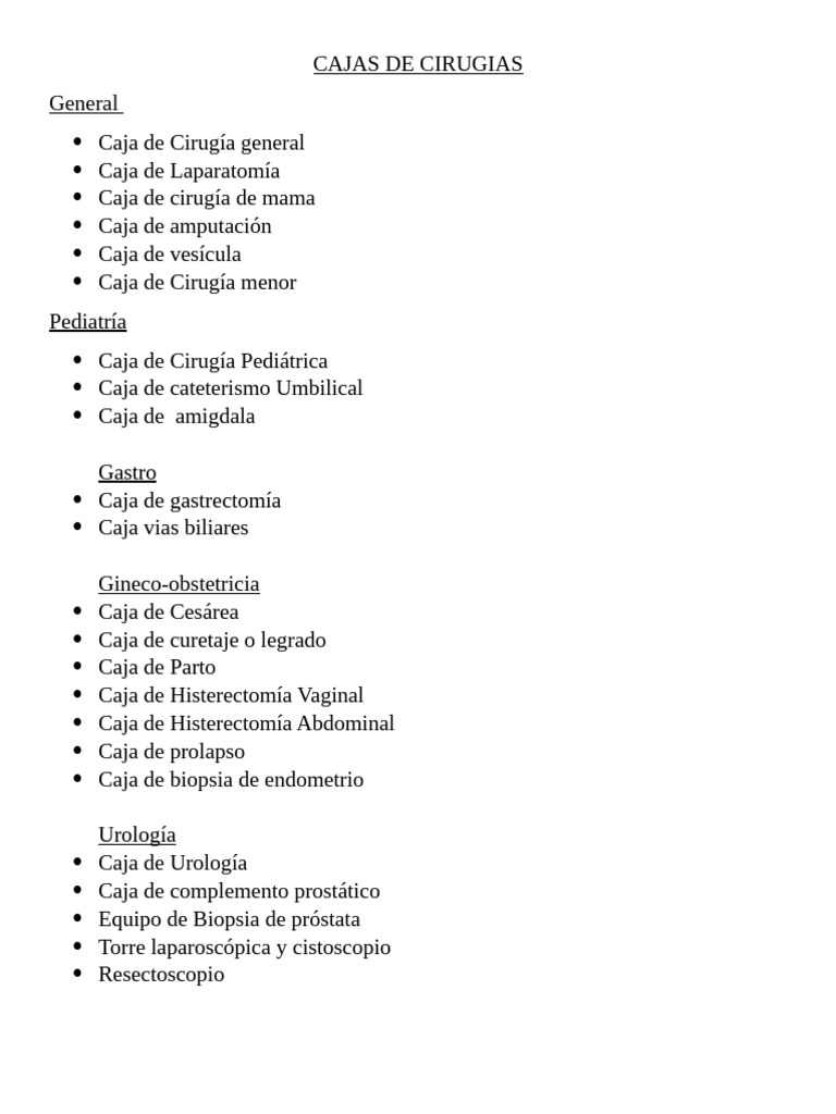 Tipos de Cajas de Cirugía por Especialidad | PDF