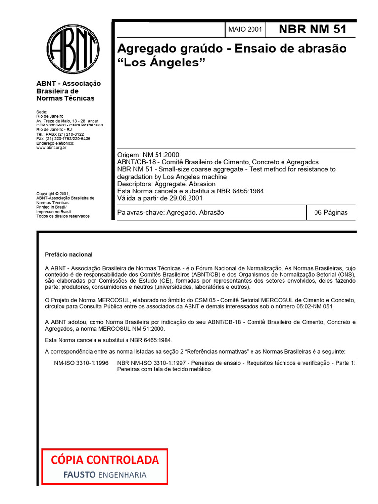 NBRNM51 - Agregado Graúdo - Ensaio de Abrasão "Los Ángeles" | PDF