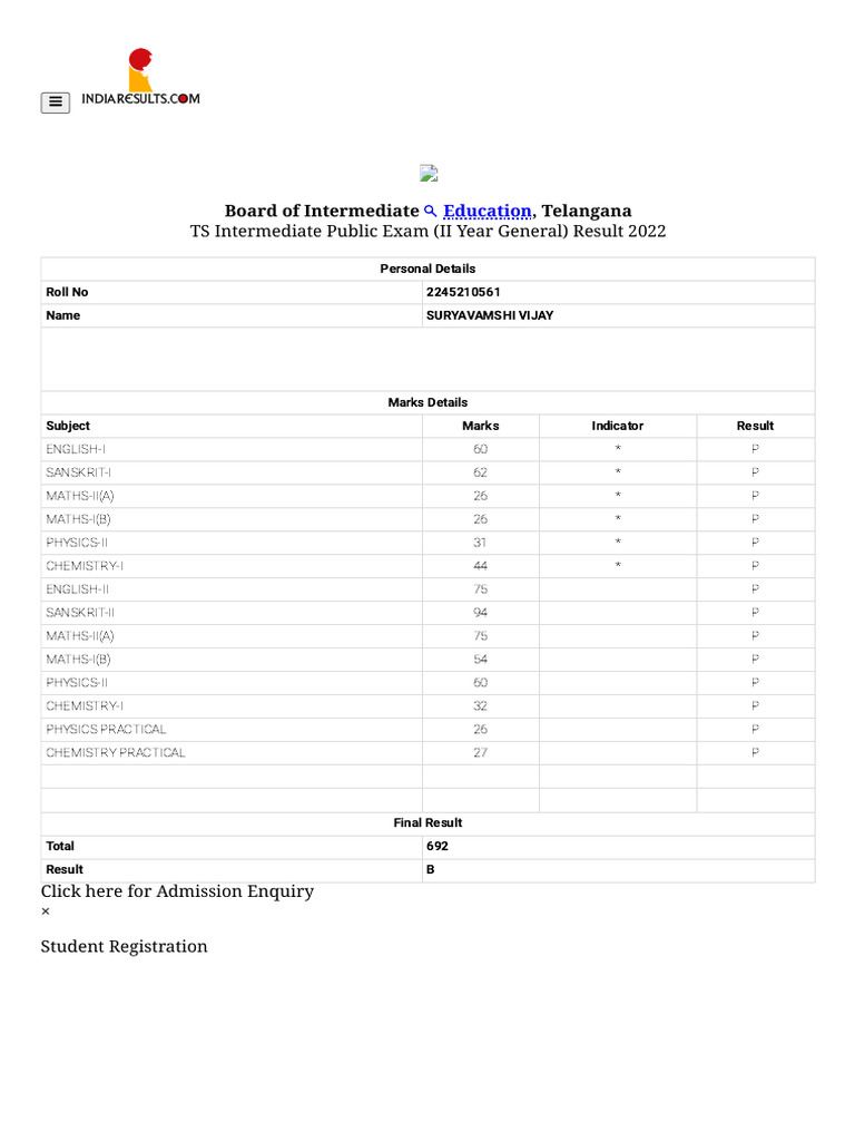 Bie-Telangana - TS Intermediate Public Exam (II Year General) Result ...