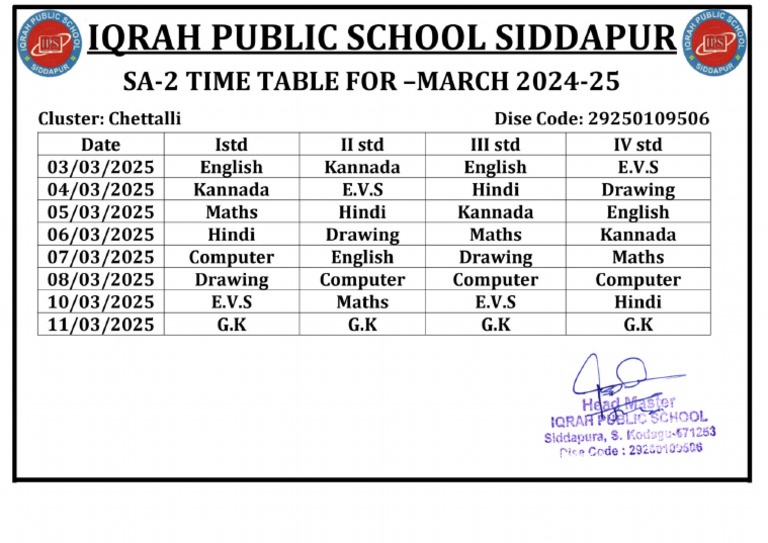 Sa2 Time Table 1 To 4TH | PDF