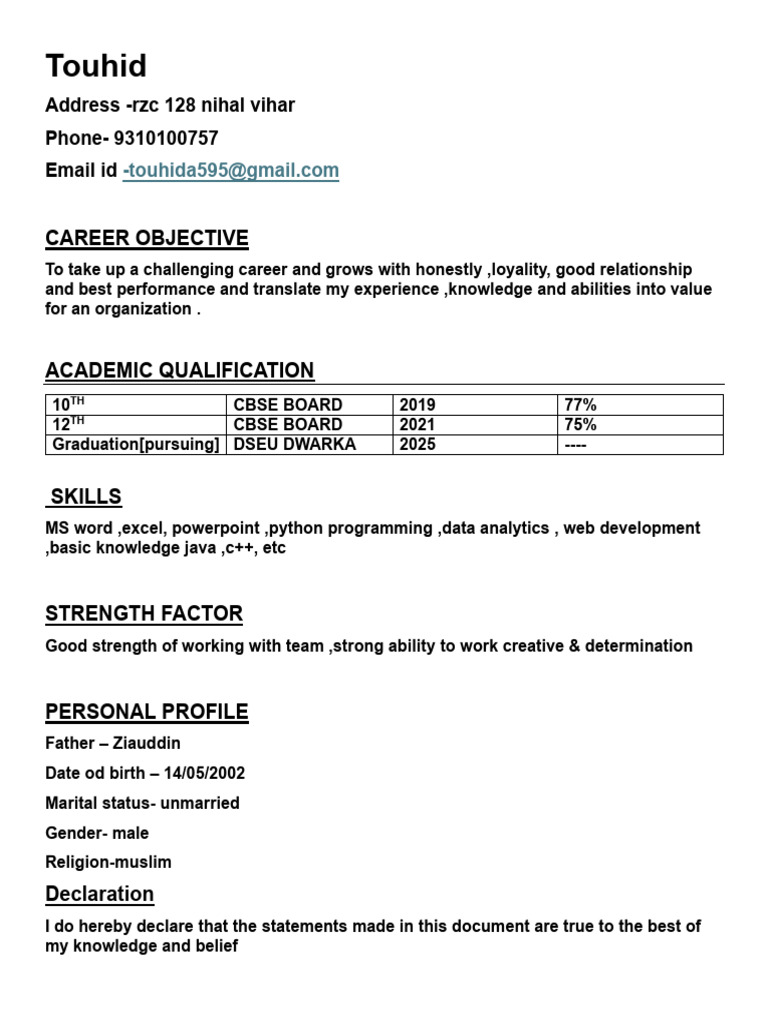 Touhid: Career Objective | PDF