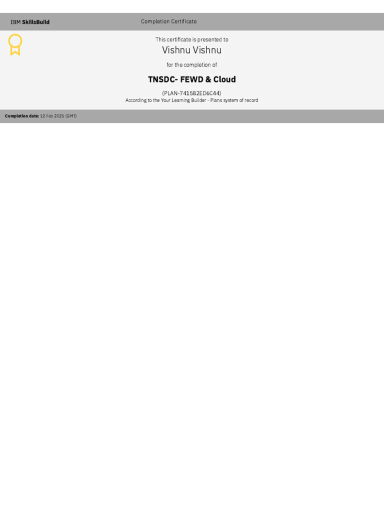 Completion Certificate for TNSDC FEWD & Cloud | PDF