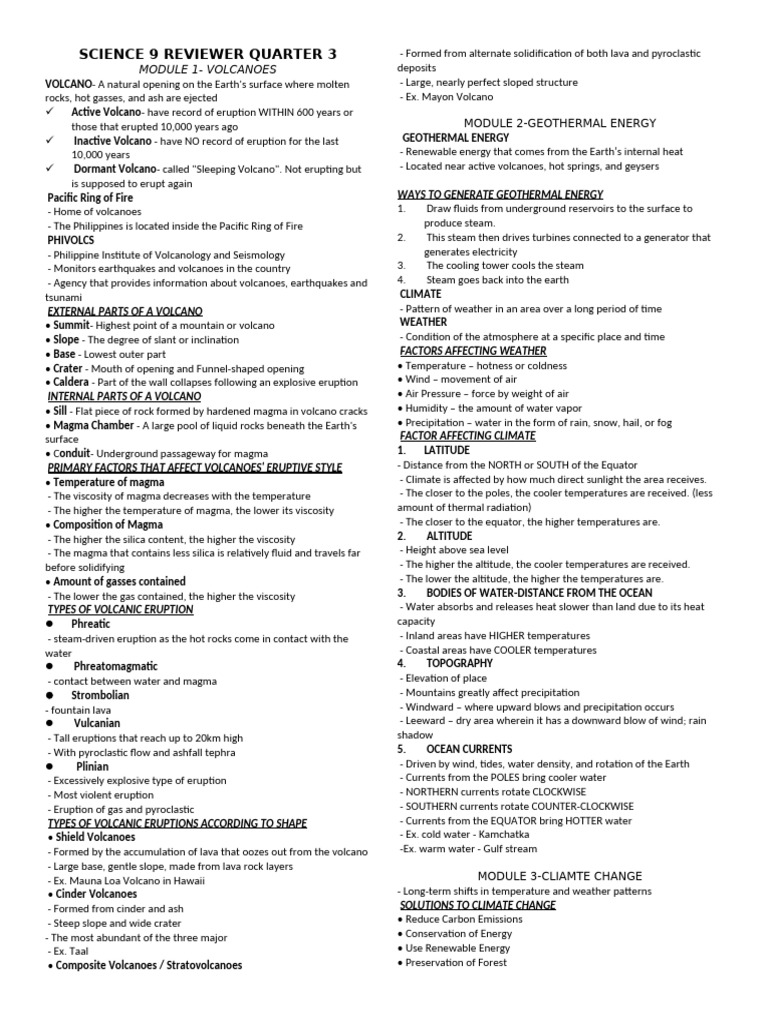 Science 9 Reviewer Quarter 3 | PDF | Volcano | Types Of Volcanic Eruptions