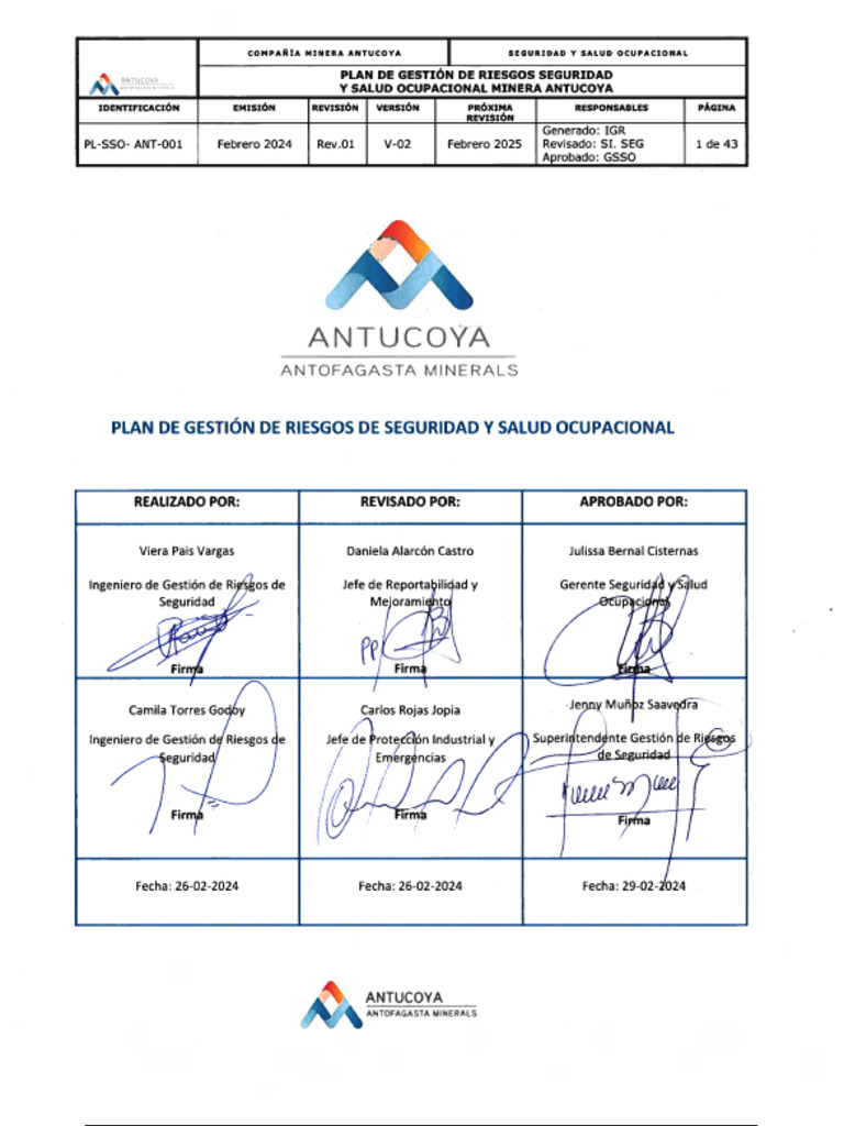 Plan SSO 2024 Minera Antucoya | PDF | Seguridad y salud ocupacional | Valores