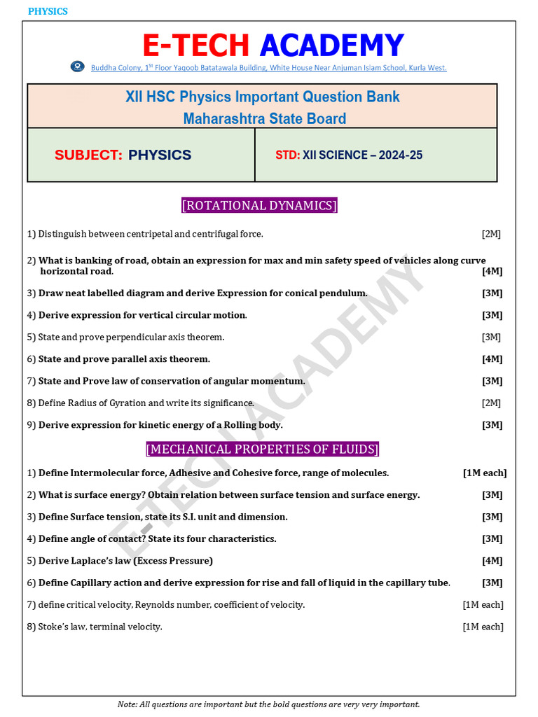 HSC Class 12 Physics Important Questions | PDF | Electromagnetic ...