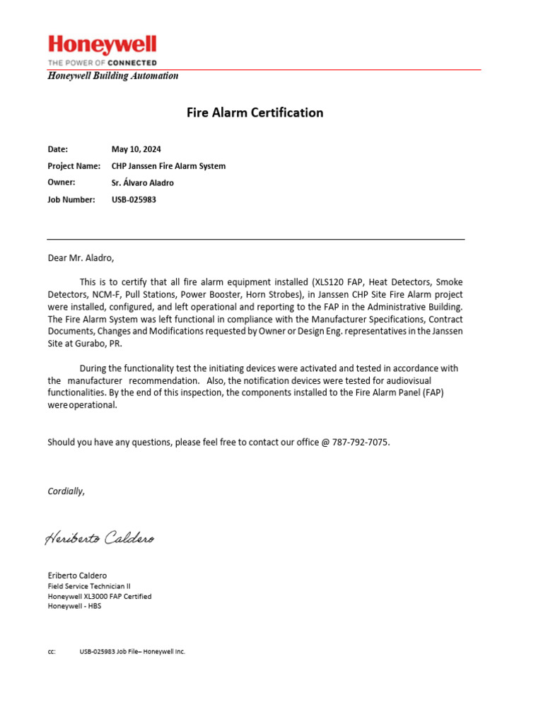 Honeywell Fire Alarm Certification Letter | PDF