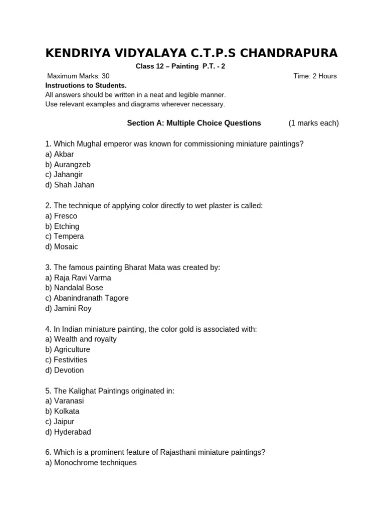 CLASS 12th Fine Arts Question Paper | PDF