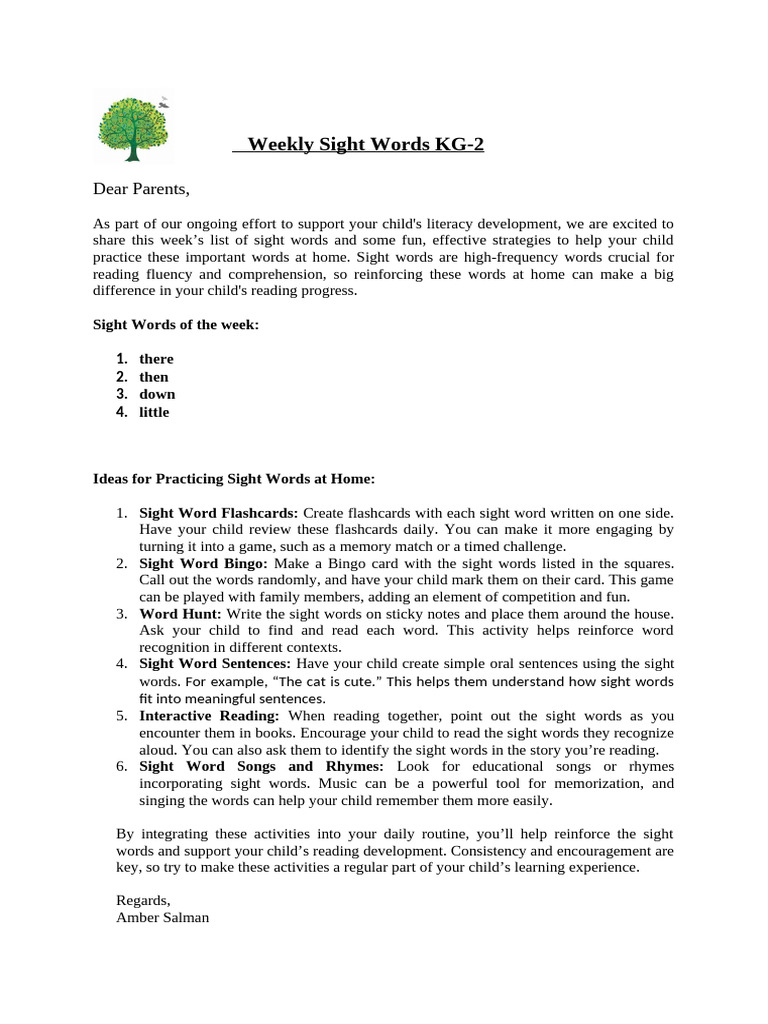 Weekly Sight Words KG 1 | PDF