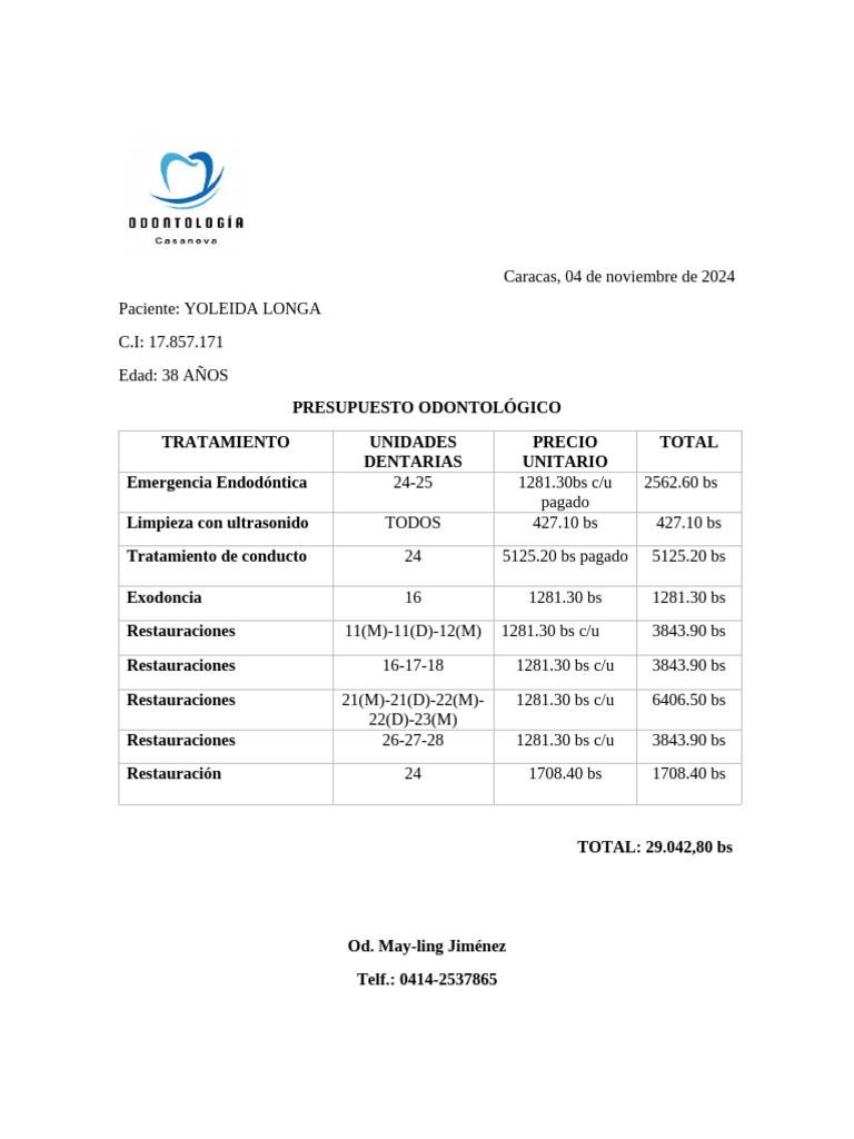 Presupuesto Odontológico para Yoleida Longa | PDF