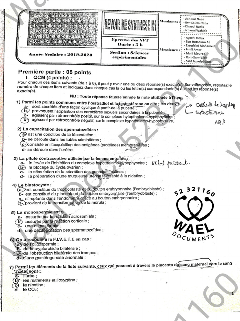 Devoir SVT Pilote Synthèse 1 Corrigé - SVT | PDF