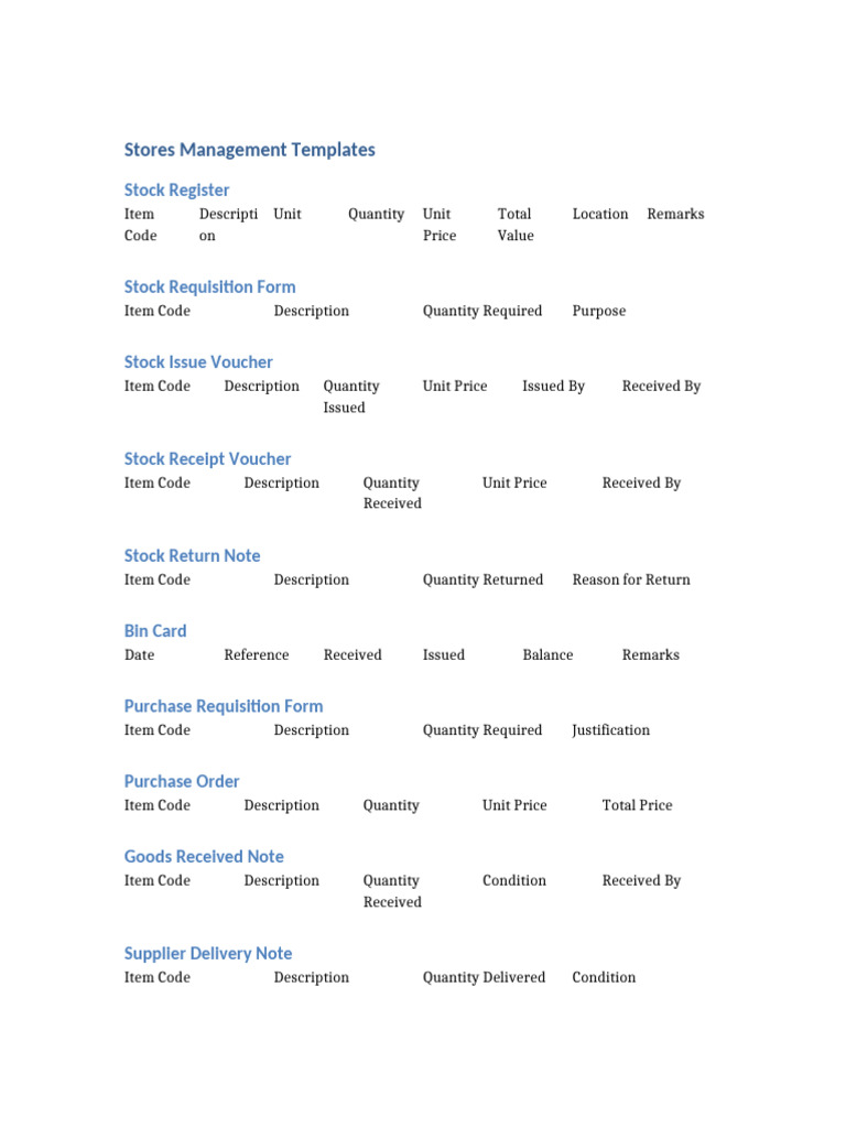 Comprehensive Stores Management Templates | PDF