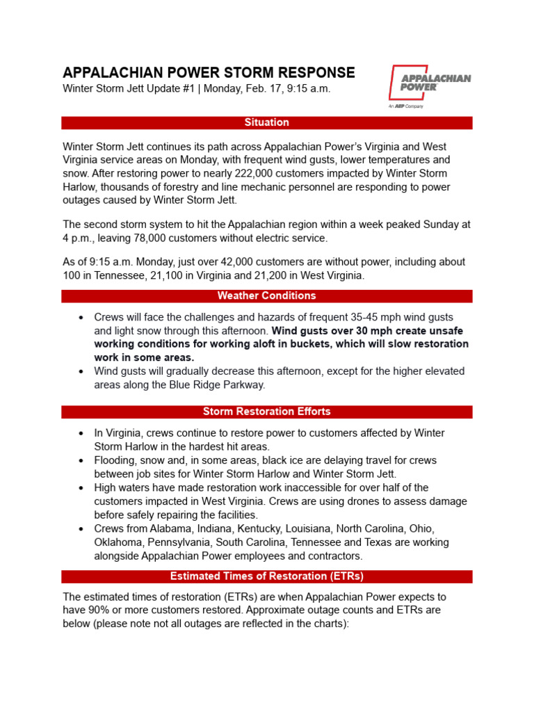Appalachian Power Storm Response Update #1 - Winter Storm Jett | PDF ...