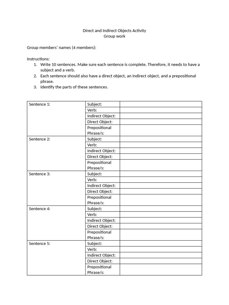 Sec 2 Parts of A Sentence (Group Activity) | PDF | Object (Grammar ...