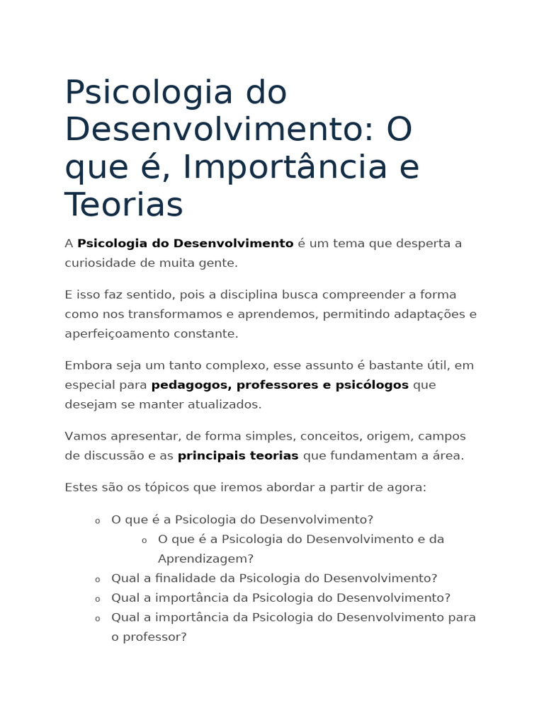 Psicologia do Desenvolvimento | PDF | Psicologia | Psicologia do Desenvolvimento