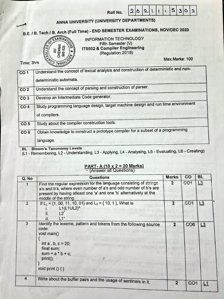 Compiler Engineering End Semester Paper Anna University | PDF