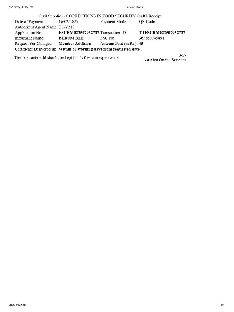 Food Security Card Correction Receipt | PDF