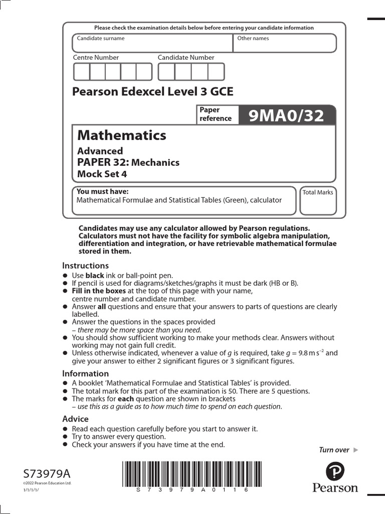 0s4 9MA0 32 Mechanics Mock Set 4 PDF | PDF | Force | Acceleration