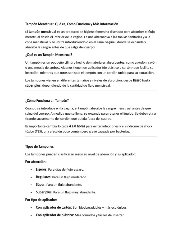 Tampón Menstrual | PDF | Sistema Reproductor Femenino Mamífero ...
