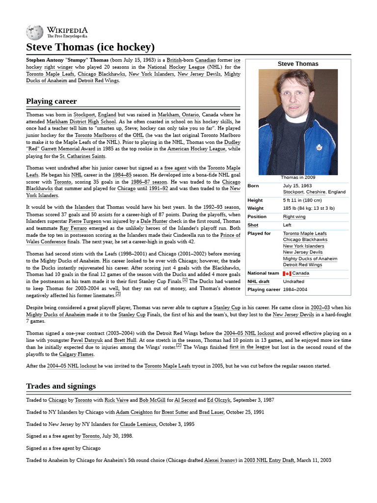 Steve Thomas (Ice Hockey) | PDF | Sports | National Hockey League Teams
