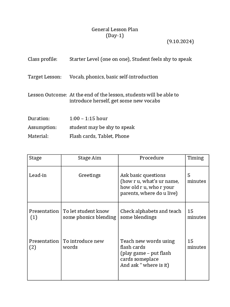 General lesson plan -Starter (day 1) | PDF | Phonics | Behavior ...