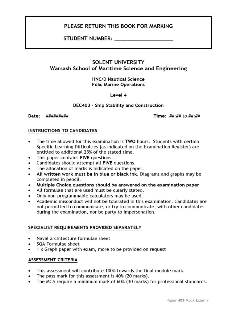 Ship Stability Mock Exam 403 | PDF | Shipbuilding | Water Transport
