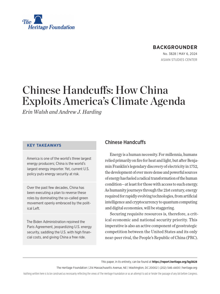 Chinese Handcuffs_How China Exploit America's Climate Agenda_THF | PDF ...