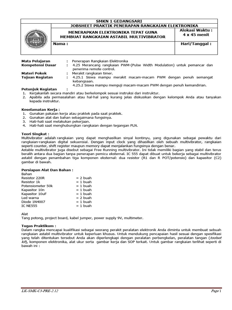 02 Lembar - Kerja - Pre Xii Astabil Multivibrator 2025 | PDF